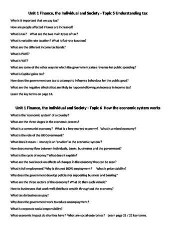 LIBF CEFE Unit 1 FIS - Revision questions for Topics 5 and 6 | Teaching Resources