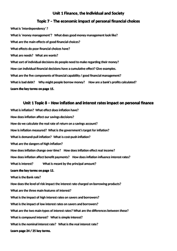 LIBF CEFE Unit 1 FIS - Revision Questions for Topics 7 and 8 | Teaching ...