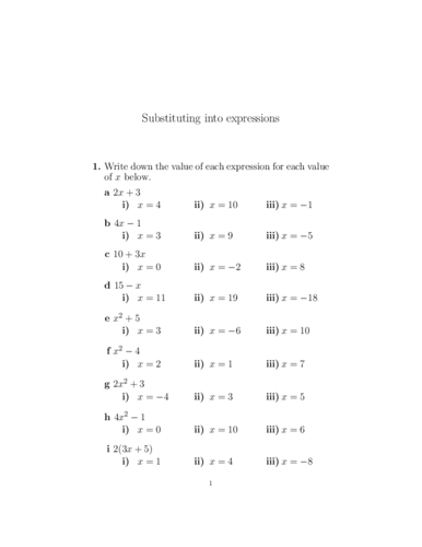 Substituting into expressions worksheet (with solutions) | Teaching ...