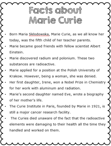 Women in Science Research Task - Marie Curie | Teaching Resources