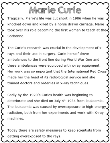 Women in Science Research Task - Marie Curie | Teaching Resources