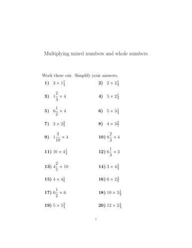 Multiplying mixed numbers and whole numbers worksheet no 3 (with ...