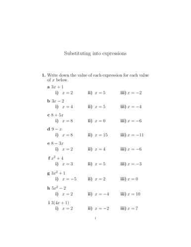 Substituting into expressions worksheet no 2 (with solutions ...