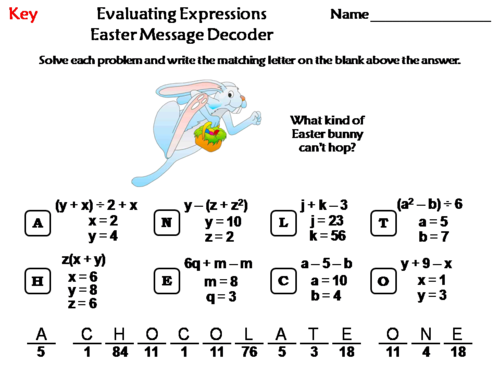 Evaluating Algebraic Expressions Easter Math Activity: Message Decoder ...