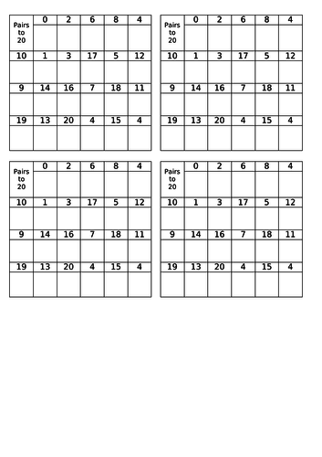 Number bonds/pairs to 10 and 20 grids for children to complete ...