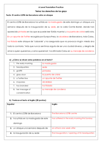Spanish A Level los derechos de los gays: translations on gay rights ...