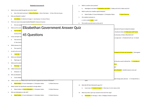 AQA GCSE HIstory - Elizabethan England Quizzes | Teaching Resources