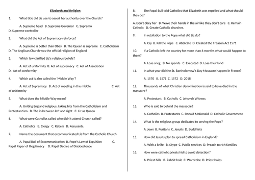 AQA GCSE HIstory - Elizabethan England Quizzes | Teaching Resources