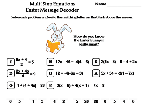 Solving Multi Step Equations Easter Math Activity: Message Decoder ...