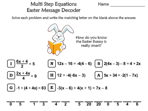 Solving Multi Step Equations Easter Math Activity: Message Decoder ...