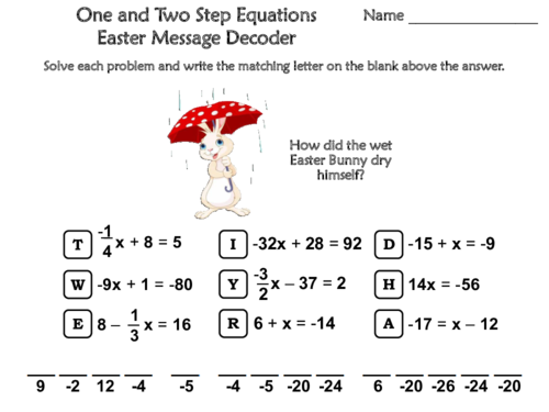Solving One and Two Step Equations Easter Math Activity: Message ...