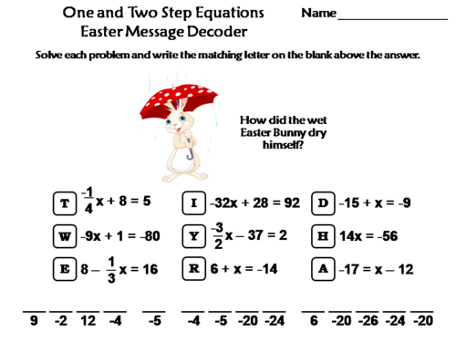 Solving One and Two Step Equations Easter Math Activity: Message ...