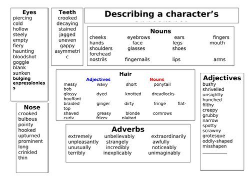 Describing a Character's Appearance: Word-mat/ Notebook for noun ...