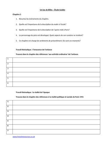 A Level French Un Sac de Billes, Chapitre 3 | Teaching Resources