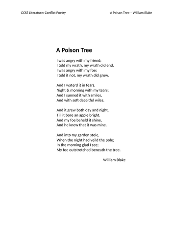 A Poison Tree (William Blake) - Edexcel Conflict Poetry FULL LESSONS ...