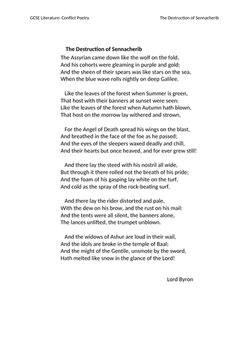 The Destruction of Sennacherib (Lord Byron): GCSE Literature Conflict ...