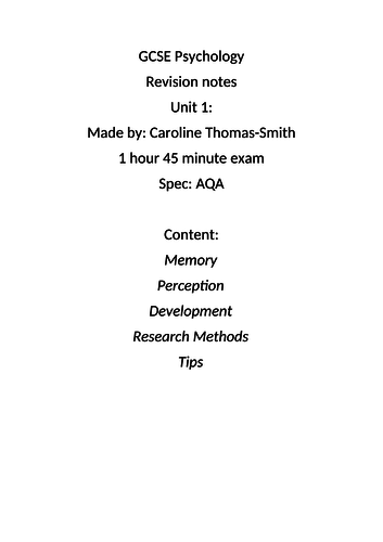 AQA 9-1 GCSE psychology summary booklet | Teaching Resources
