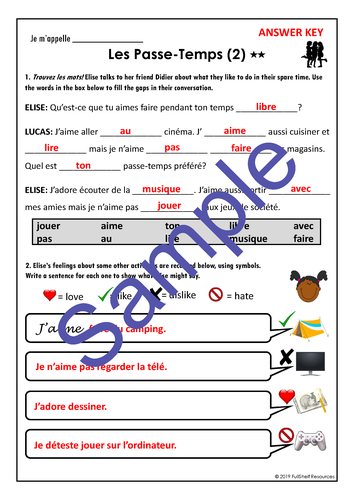 French Hobbies Worksheets (Les Passe-Temps) | Teaching Resources