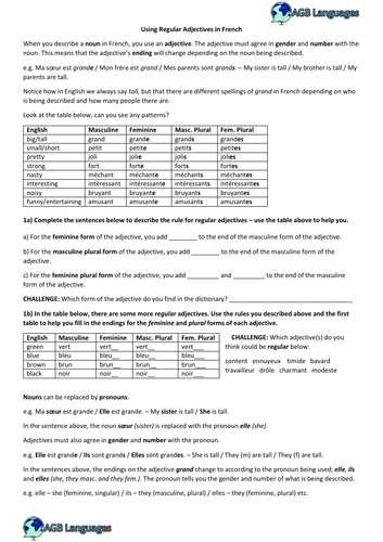 French Regular Adjectives (with answers) | Teaching Resources