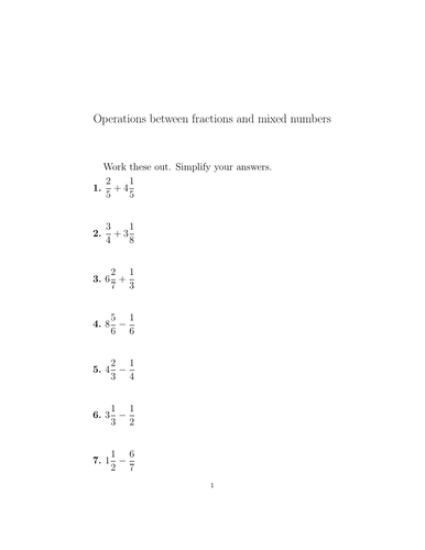 Operations between fractions and mixed numbers worksheet no 2 (with ...