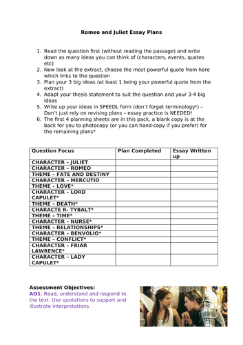 Romeo and Juliet GCSE Literature Paper 1 Essay Planning Booklet ...