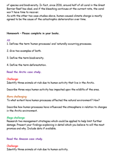 Humans + Environment Homework Booklet | Teaching Resources