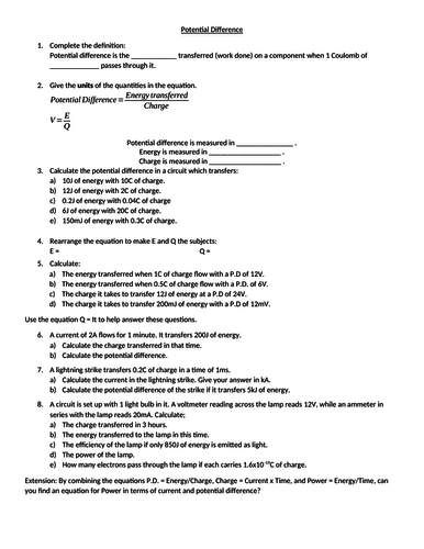 Potential Difference, Energy and Charge worksheet | Teaching Resources