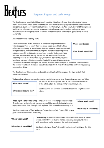 AQA GCSE Music Beatles and Technology worksheet | Teaching Resources