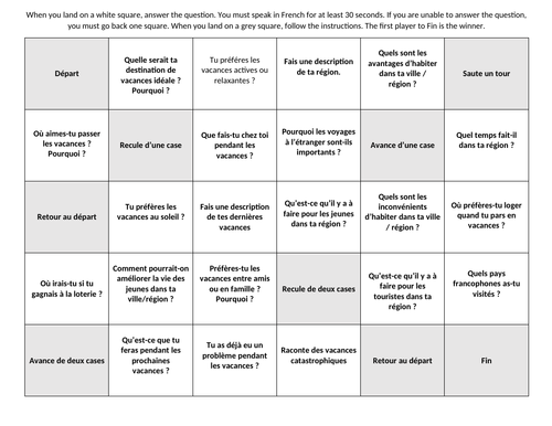 Board game for speaking practice - les vacances et ma région | Teaching ...