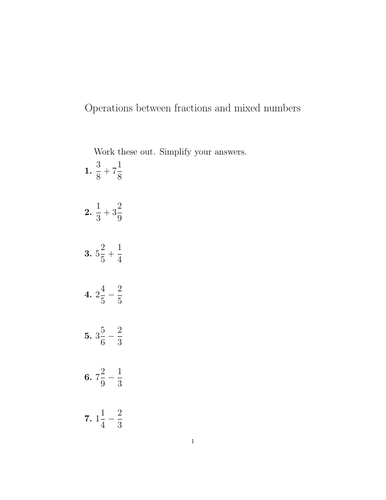 Operations between fractions and mixed numbers worksheet no 3 (with ...