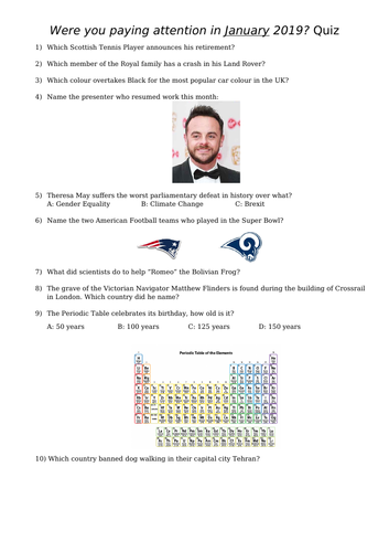 January 1st to February 1st 2019 UK and beyond Current Affairs Quiz ...