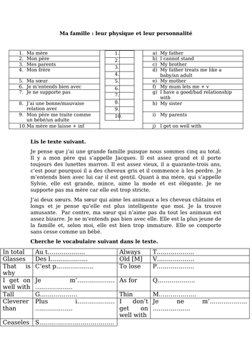 GCSE - French - family relationships (reading, exam style questions ...