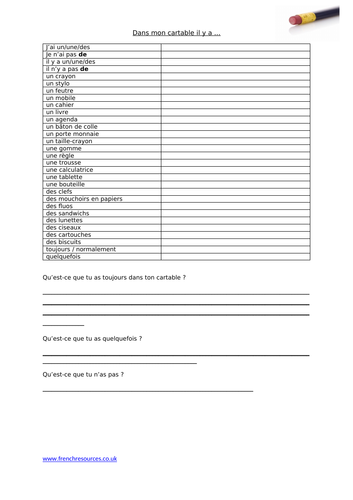 KS3 French Dans mon cartable | Teaching Resources