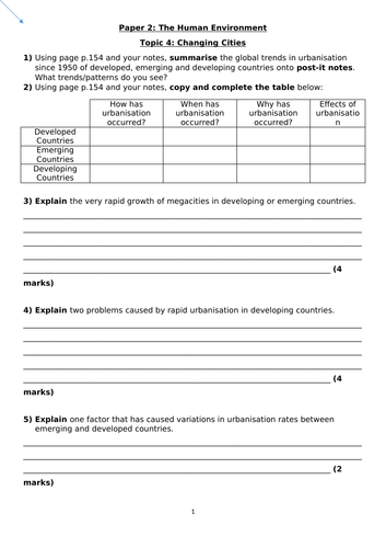 Edexcel A GCSE - Topic 4: Changing Cities Unit of Work | Teaching Resources