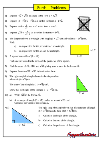 Problems Using Surds 11 Surd Questions In Context With Answers Teaching Resources