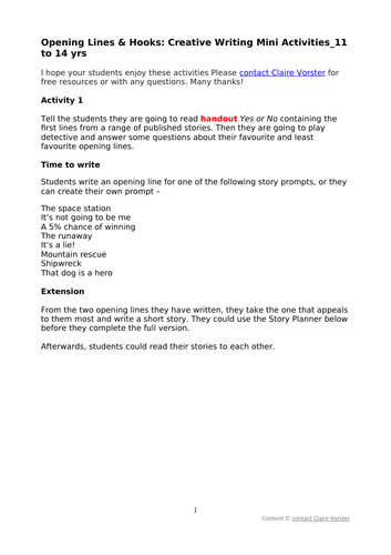 Opening Lines & Hooks: Creative Writing Mini Activities_11 to 14 yrs ...