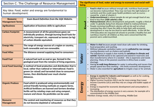 AQA 9-1 Knowledge Organiser : Resource Management Overview and Energy ...