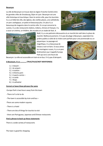 2 X COMPREHENSIONS ON FRENCH TOWNS | Teaching Resources