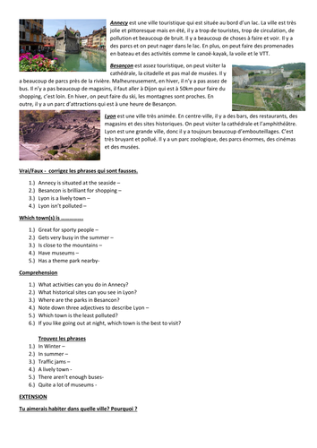2 X COMPREHENSIONS ON FRENCH TOWNS | Teaching Resources