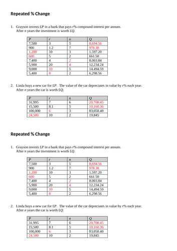 Repeated Percentage Change 9-1 (compound interest) | Teaching Resources