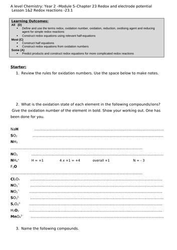 Redox reactions (2 lessons) A Level Chemistry for OCR A - Chapter 23.1 ...