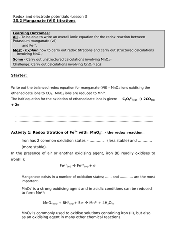 Manganate (VII) titration A Level Chemistry for OCR A Chapter 23.2 ...