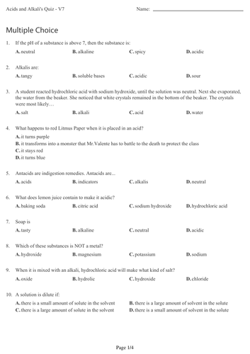 Acids and Alkalis Test - MC KS3 Year 7 - Assessment with MS | Teaching ...