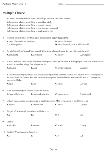 Acids and Alkalis Test - MC KS3 Year 7 - Assessment with MS | Teaching ...