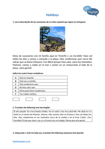 Spanish - Holidays - GCSE-style activities (2018) | Teaching Resources