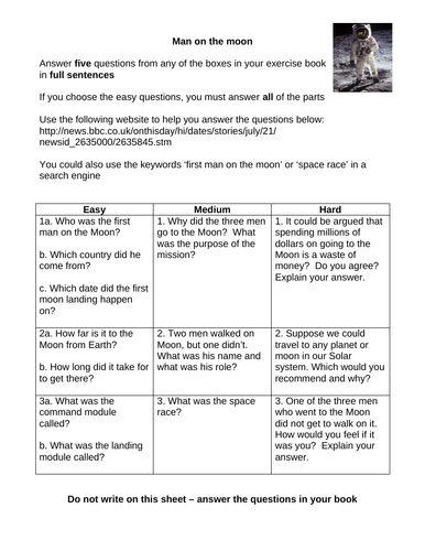 KS3 research homework on the moon landings - differentiated on 3 levels ...