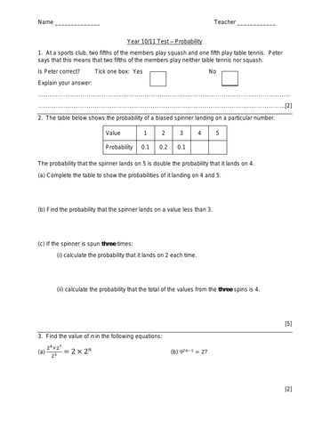 IGCSE Probability Test | Teaching Resources IGCSE Probability Test | Teaching Resources