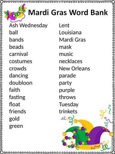 Mardi Gras Word Searches - Easy and Hard | Teaching Resources