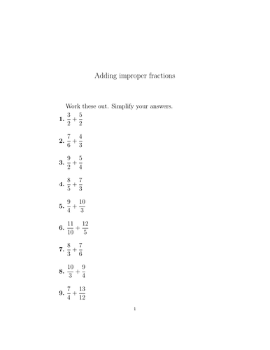 Adding improper fractions worksheet (with solutions) | Teaching Resources
