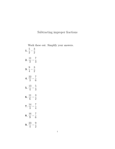 Subtracting improper fractions worksheet (with solutions) | Teaching ...